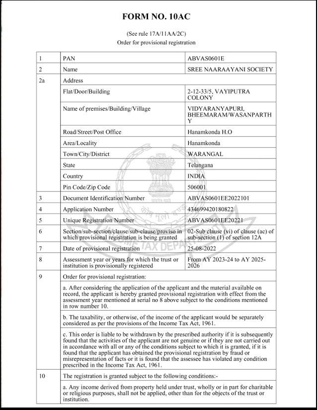 Sree Naaraayani Society - Certificates